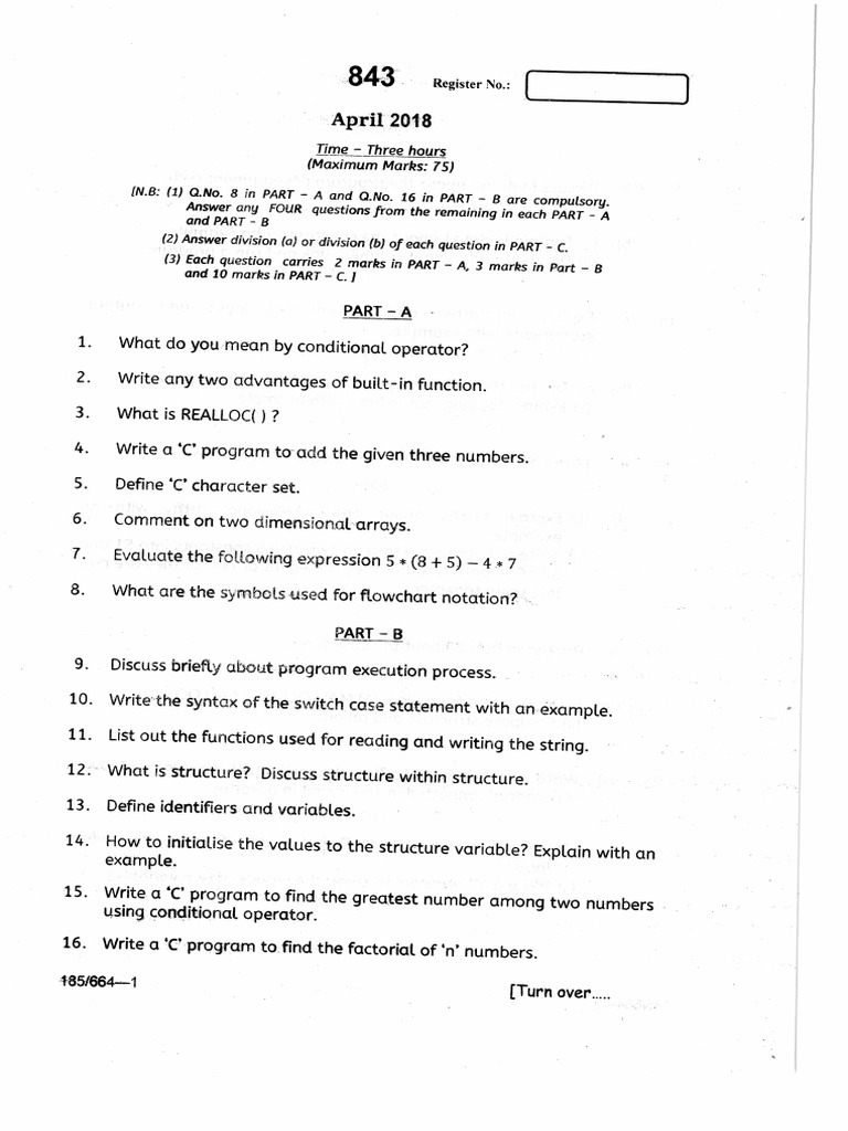 Diploma Programming in C Board Exam Question Paper April 2018 Download ...