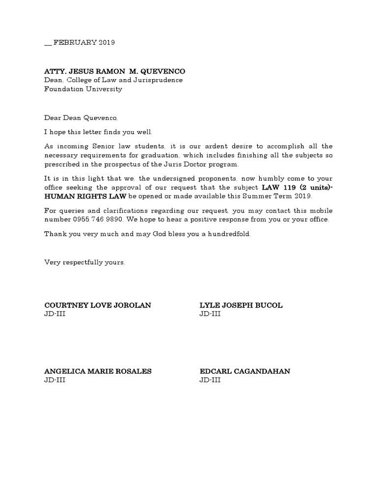 Letter of Request For Opening of Subjects For Summer Term | PDF ...