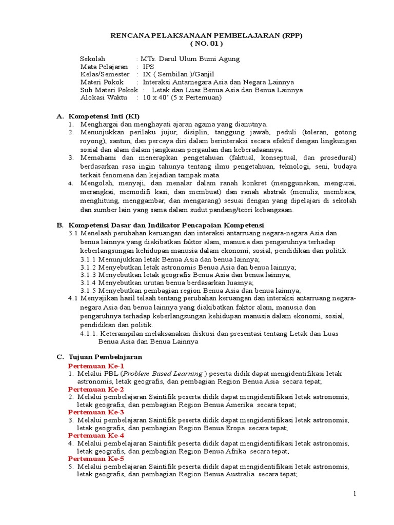RPP No.001 K-13 IPS-IX Letak Dan Luas Benua Asia Dan Benua Lainnya | PDF | Karier & Perkembangan