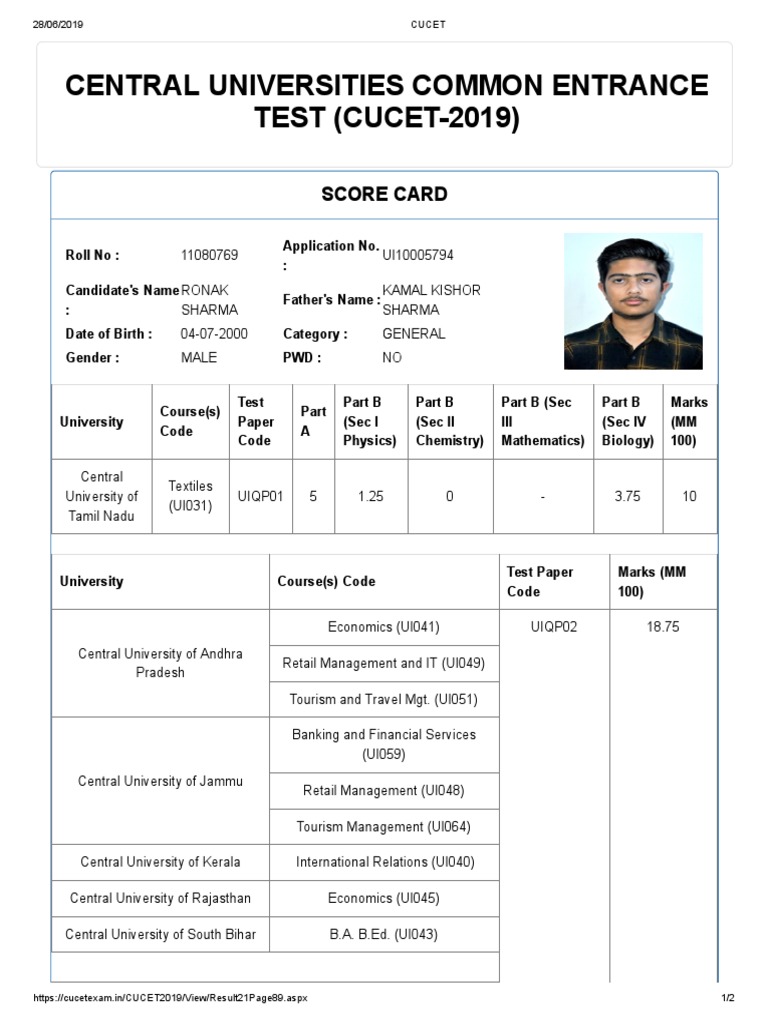 Central Universities Common Entrance TEST (CUCET-2019) : Score Card | PDF