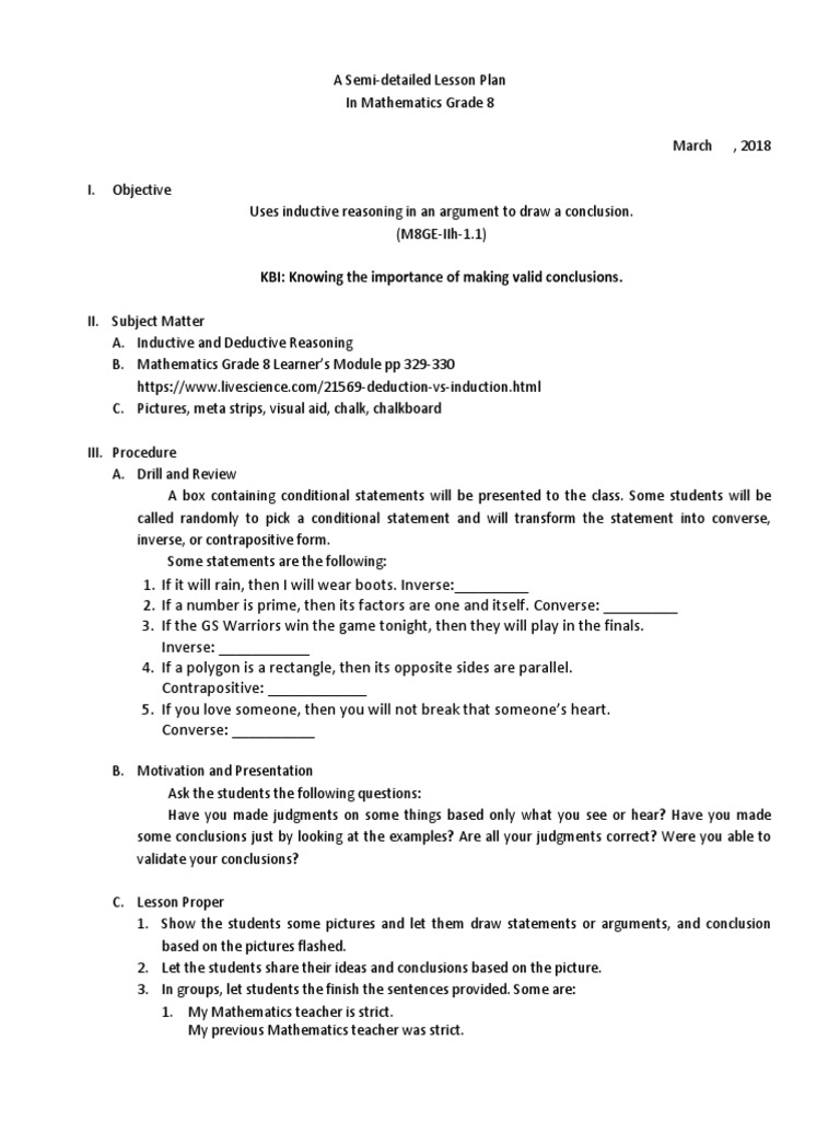 Reasoning Lesson Plan | PDF | Inductive Reasoning | Reason