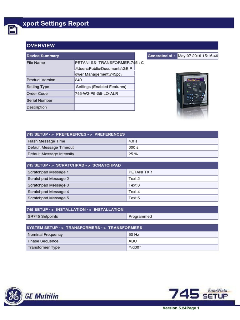 Example Setting SR745 | PDF | Transformer | Electric Power
