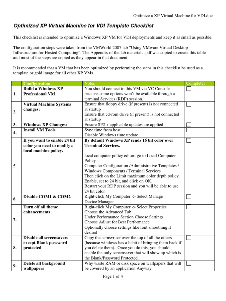 Optimized Xp Virtual Machine For Vdi Template Checklist Pdf Windows