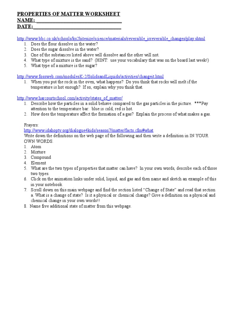 Properties of Matter Worksheet | PDF | Foreign Language Studies