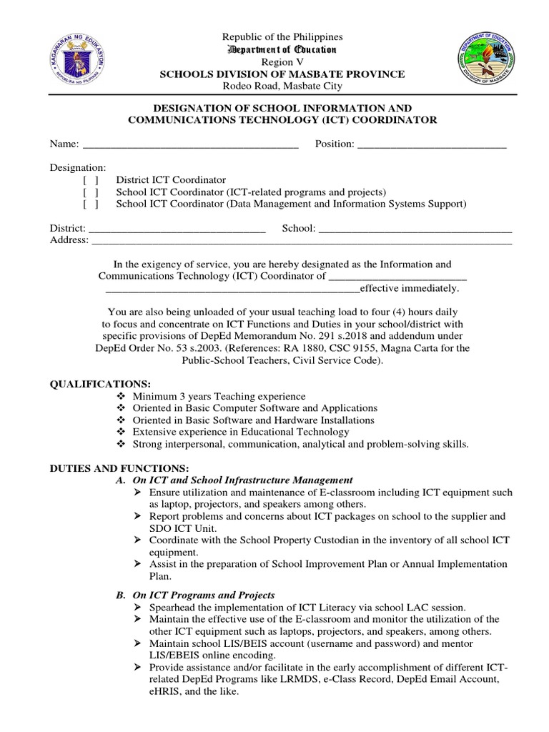 ICT Coordinator Template | PDF | Educational Technology | Information ...