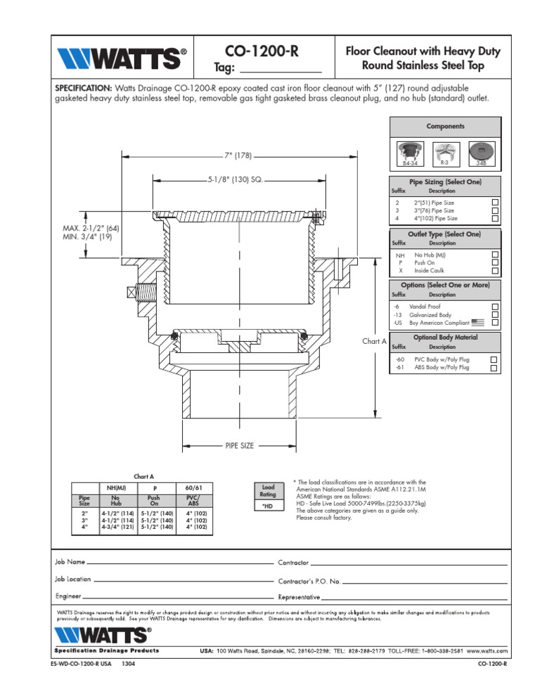 Watts CO-1200-R Floor Cleanout Specs | PDF