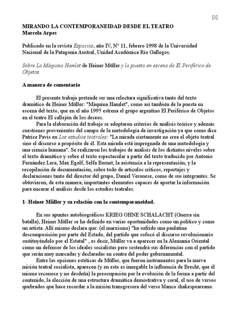 Sobre El Hamletmachine de Müller (Para Impresión) | PDF | Teatro | Aldea