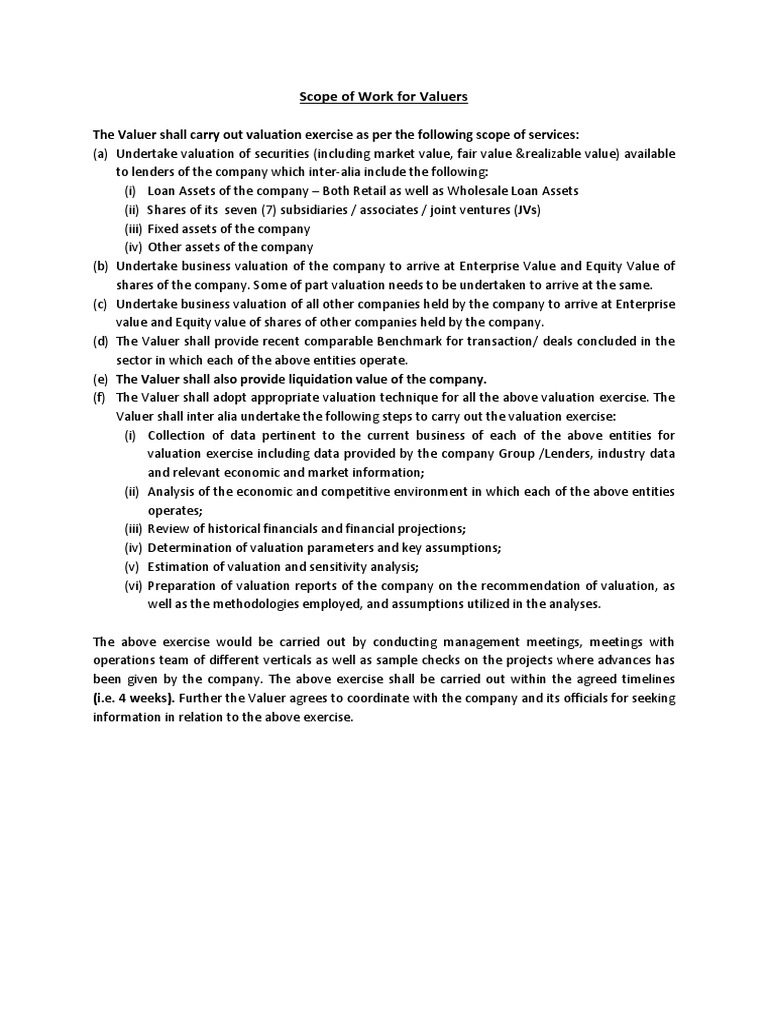 Scope of Work For Valuers: The Valuer Shall Carry Out Valuation ...