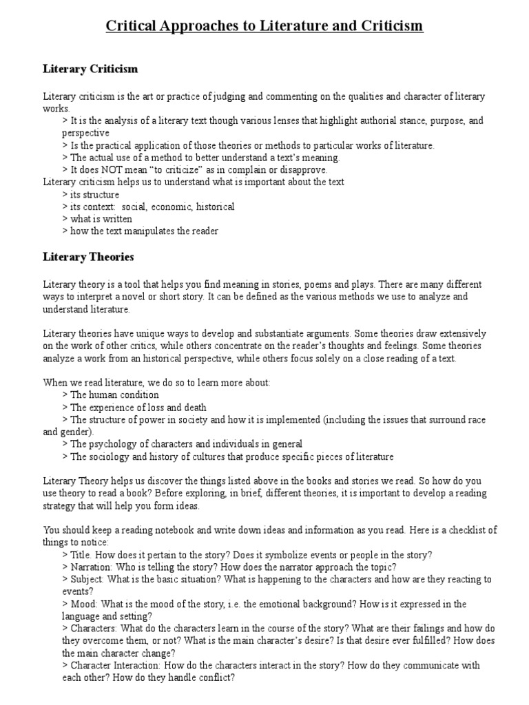 Critical Lenses Literary Theories | PDF | Archetype | Psychology