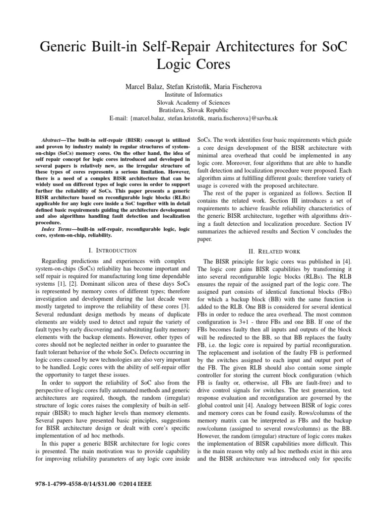 Generic Built-In Self-Repair Architectures For Soc Logic Cores | PDF | Logic Gate | Multi Core ...