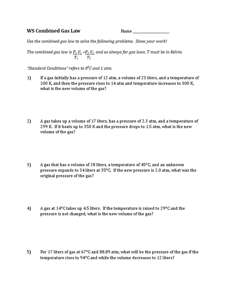 Combined Gas Law Practice | PDF | Gases | Temperature