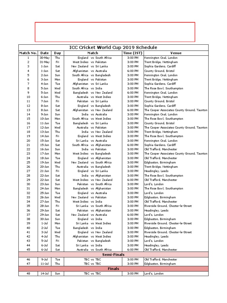 WC 2019 Schedule - Sheet1 | PDF | England Cricket Team | Ball And Bat Games