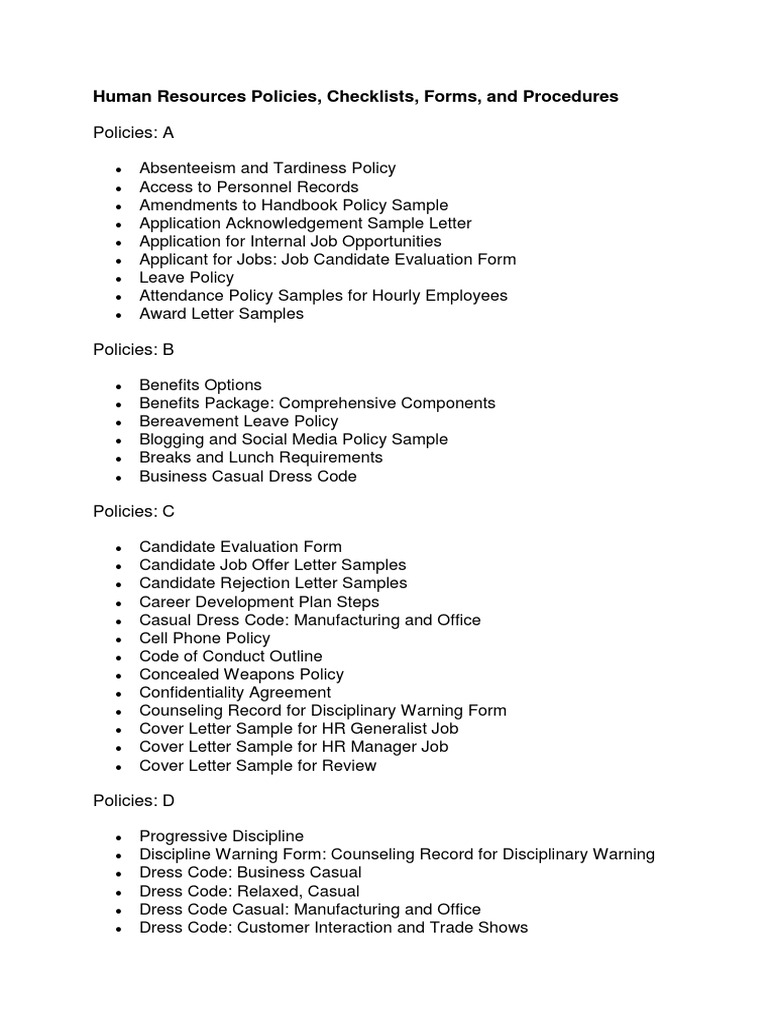 Human Resources Policies, Checklists, Forms, and Procedures | PDF ...
