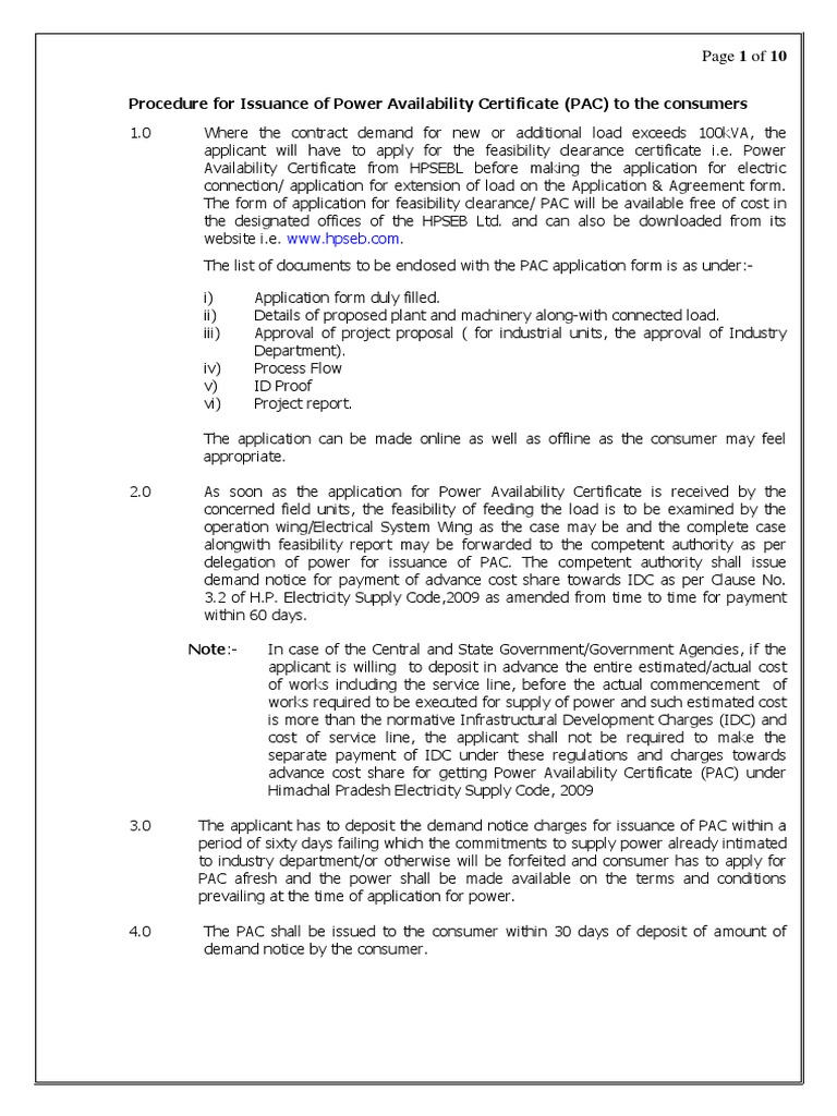Power Availability Certificate Issuance Procedure | PDF | Electric ...