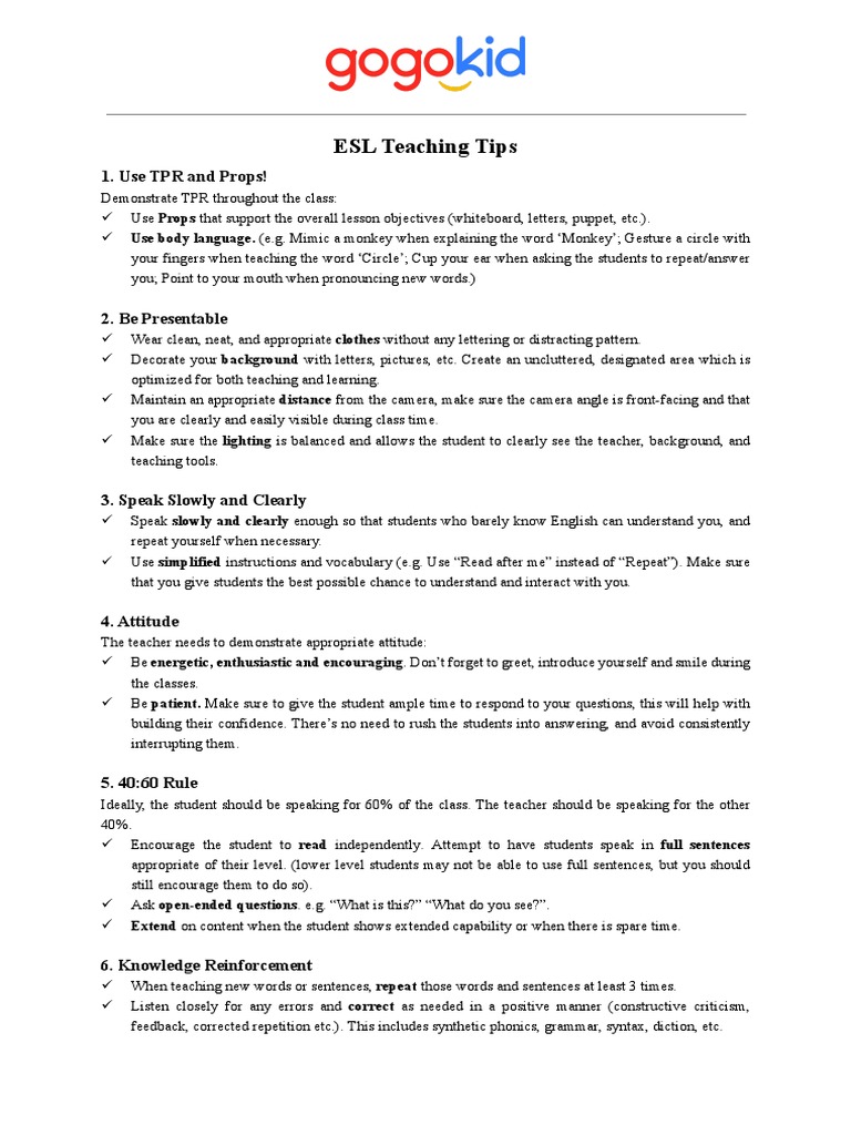 Gogokid Esl Teaching Tips | PDF | Phonics | English Language