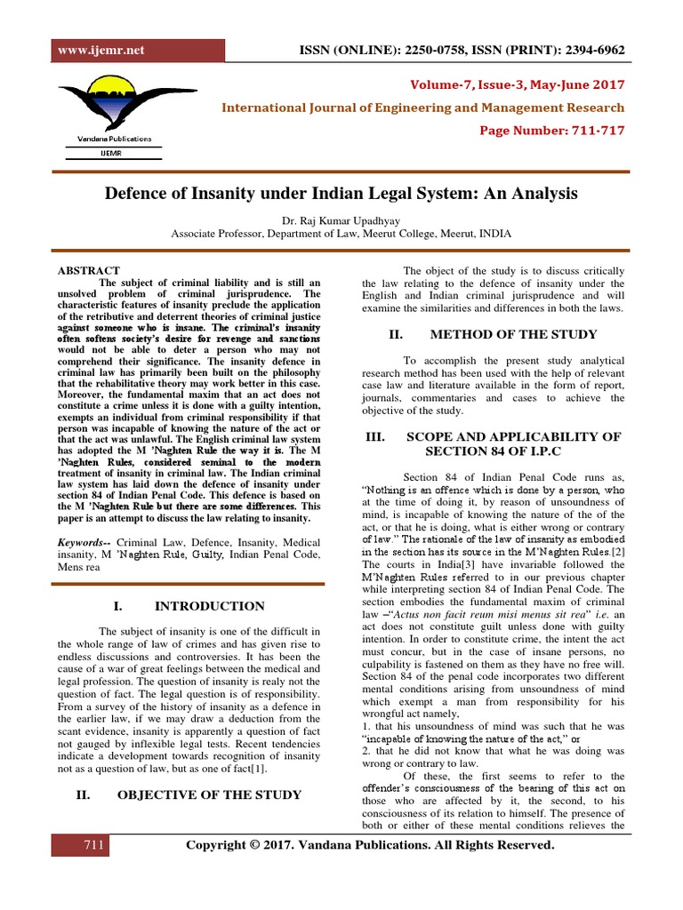 Defence of Insanity Under Indian Legal System An Analysis | PDF ...