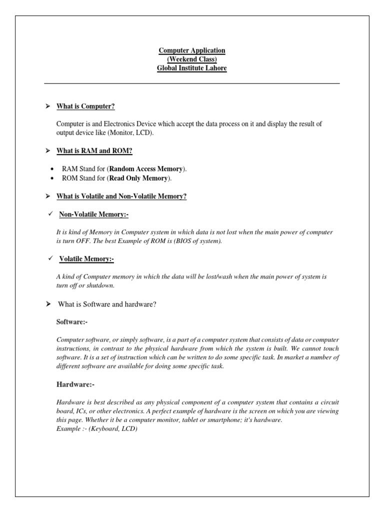 Computer Application Notes | PDF | Random Access Memory | Read Only Memory