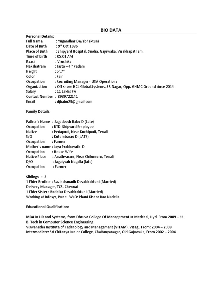 BIO DATA - Yugandhar | PDF