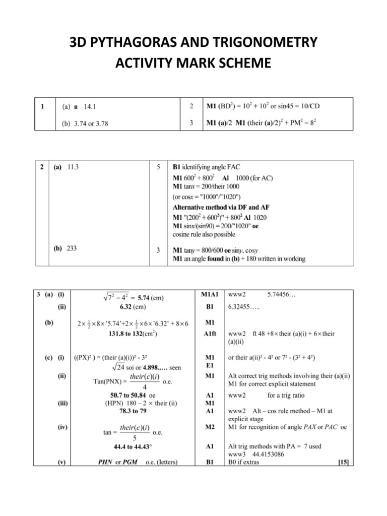 3D Pythagoras and Trigonometry Activity Mark Scheme | PDF