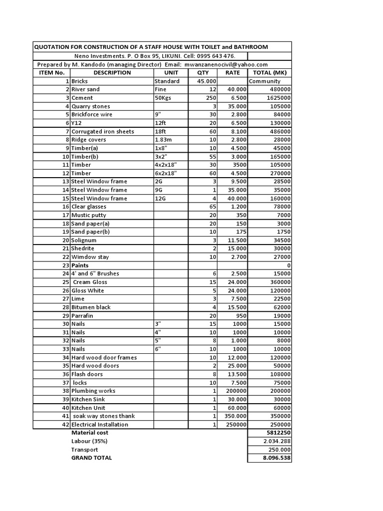 Quotation For Construction of A Staff House With Toilet and Bathroom ...