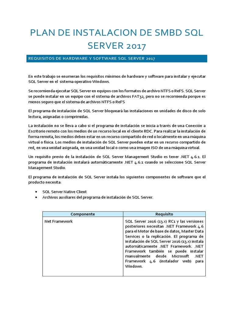 Plan de Instalacion de SMBD SQL Server 2017 | PDF | Servidor SQL de ...