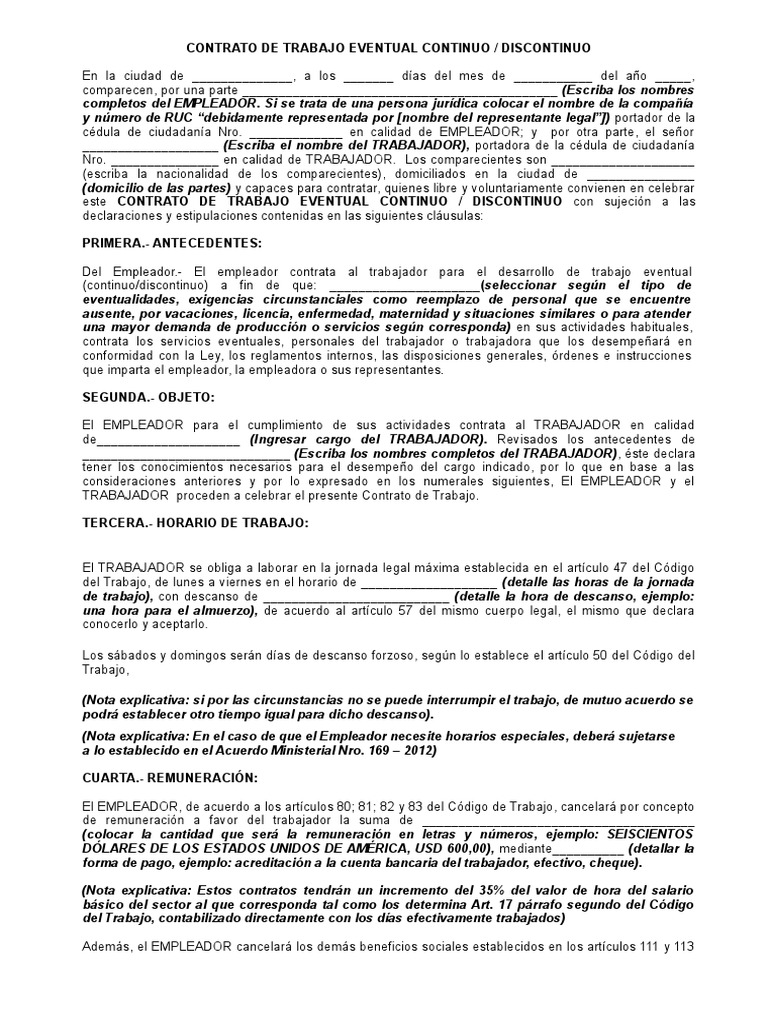 7 Contrato de Trabajo Eventual Continuo Discontinuo | Salario | Labor