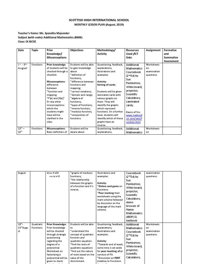 August IGCSE Additional Maths Plan | PDF | Quadratic Equation ...