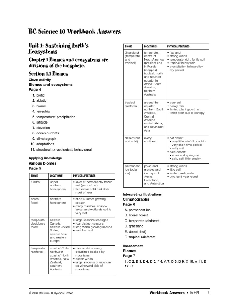 BC Science 10 Workbook Answers Chapter 1 Biomes | PDF | Food Web ...