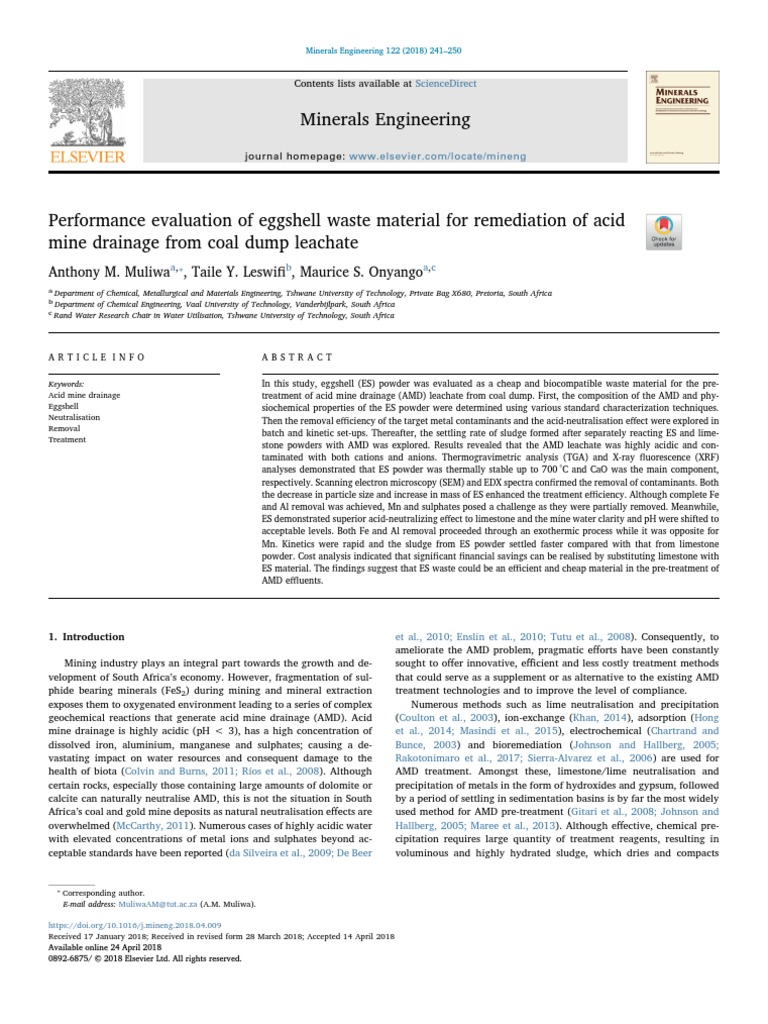 Performance Evaluation of Eggshell Waste Material For Remediation of ...