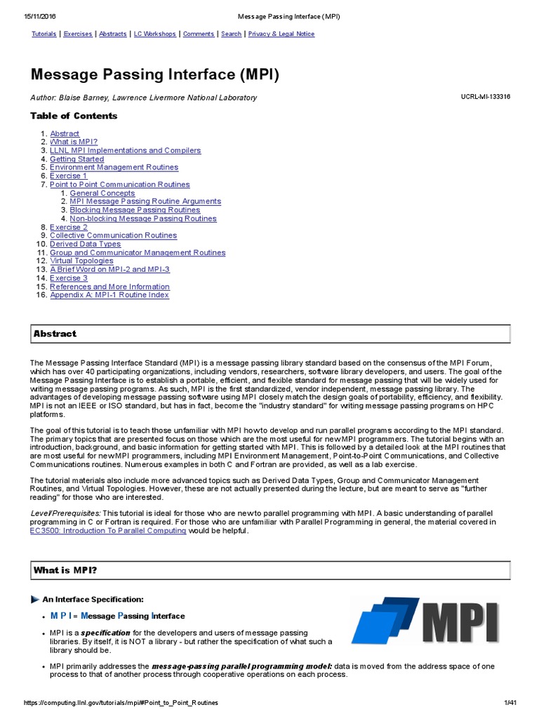 Message Passing Interface (MPI) : Author: Blaise Barney, Lawrence Livermore National Laboratory ...