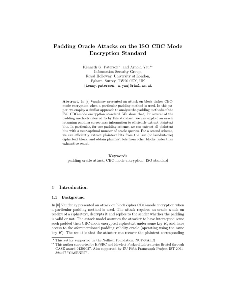 Padding Oracle Attacks On The ISO CBC Mode Encryption Standard | PDF | Cryptography | Encryption