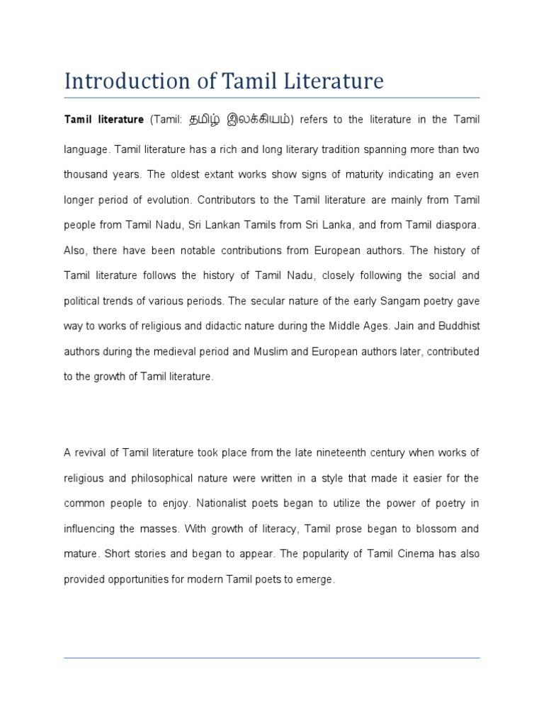 Introduction of Tamil Literature | PDF | Tamil Literature | Tamil Nadu