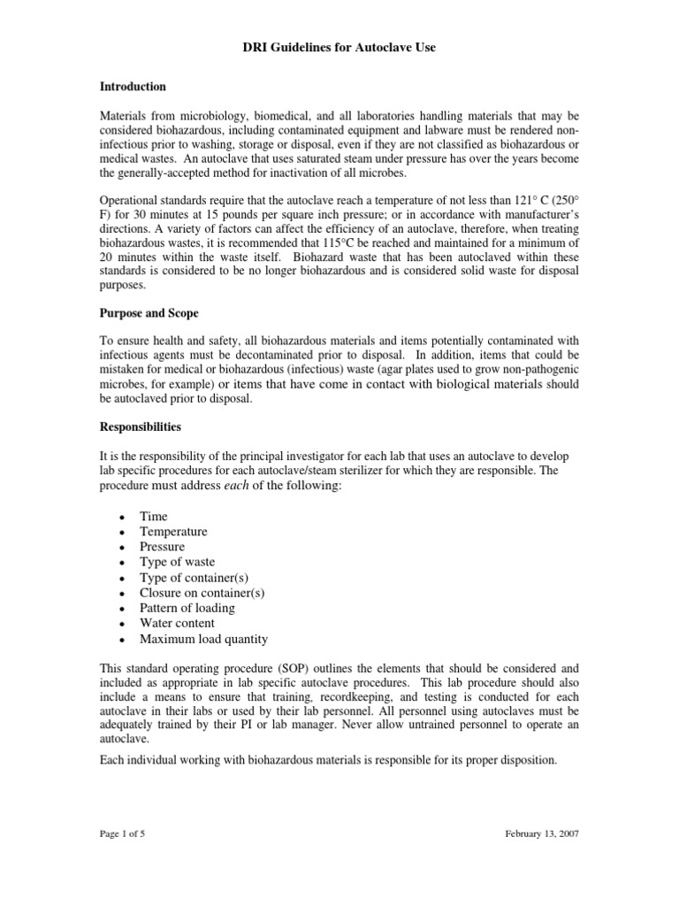 DRI Guidelines For Autoclave Use: or Items That Have Come in Contact ...