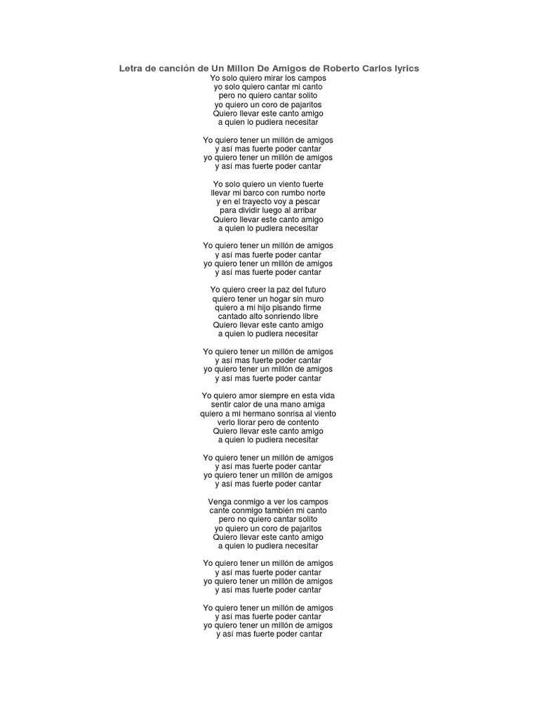 Letra de Canción de Un Millon de Amigos de Roberto Carlos Lyrics | PDF ...