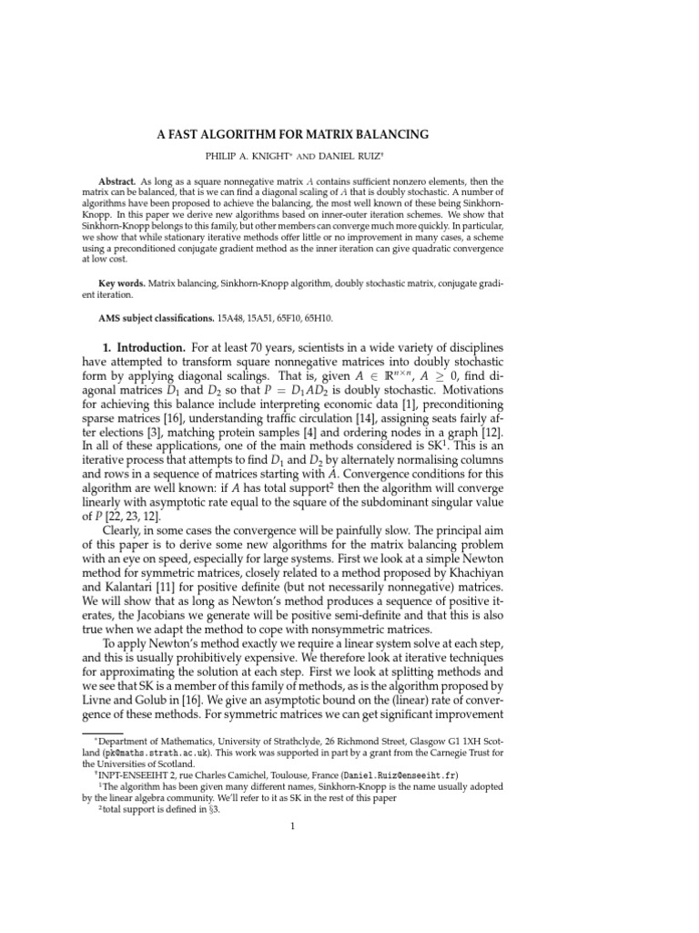 A Fast Algorithm For Matrix Balancing: Abstract | PDF | Matrix (Mathematics) | System Of Linear ...