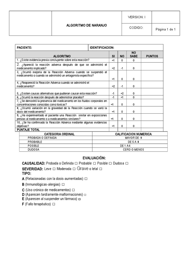Algoritmo de Naranjo para Reacciones Adversas | PDF | Medicamentos con ...