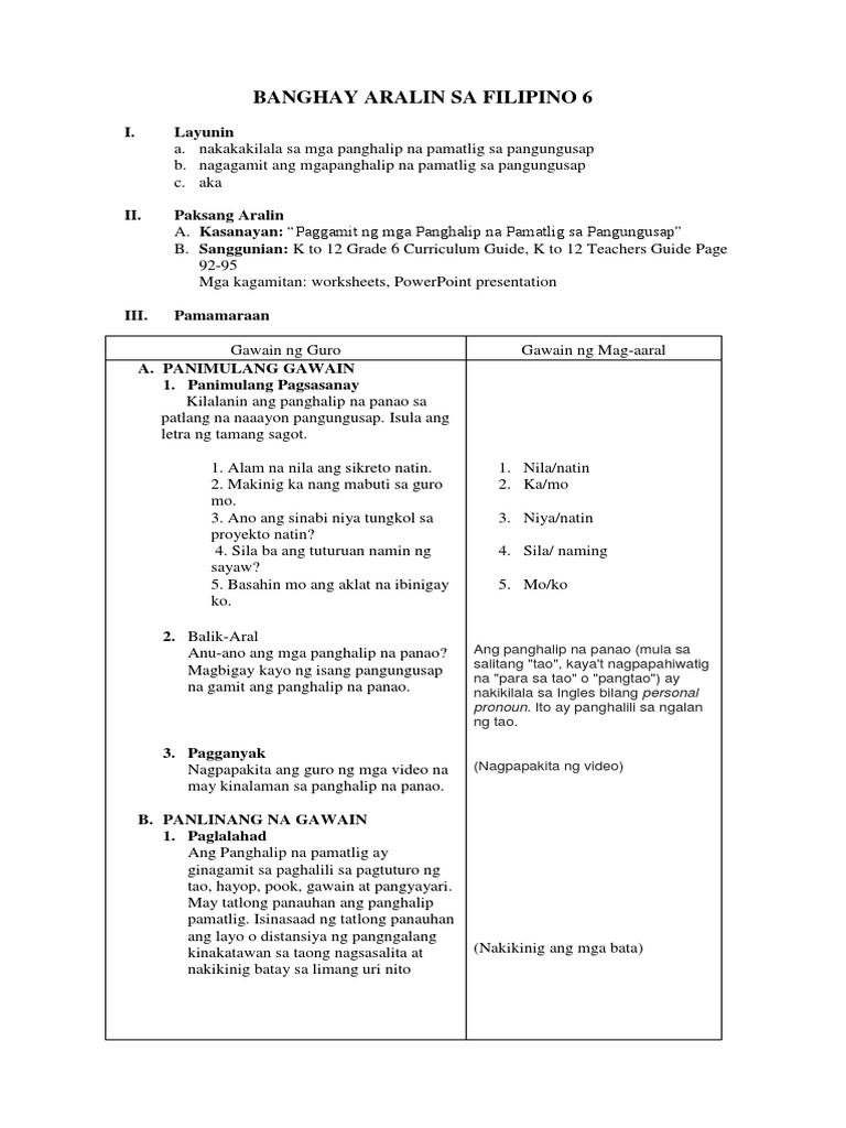 Panghalip Na Pamatlig Lesson Plan | PDF