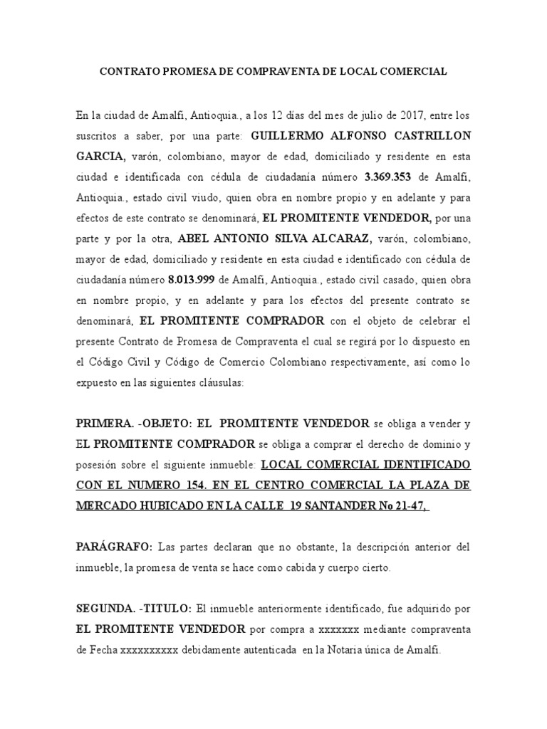 Promesa de Compraventa Local | PDF | Derecho privado | Instituciones ...