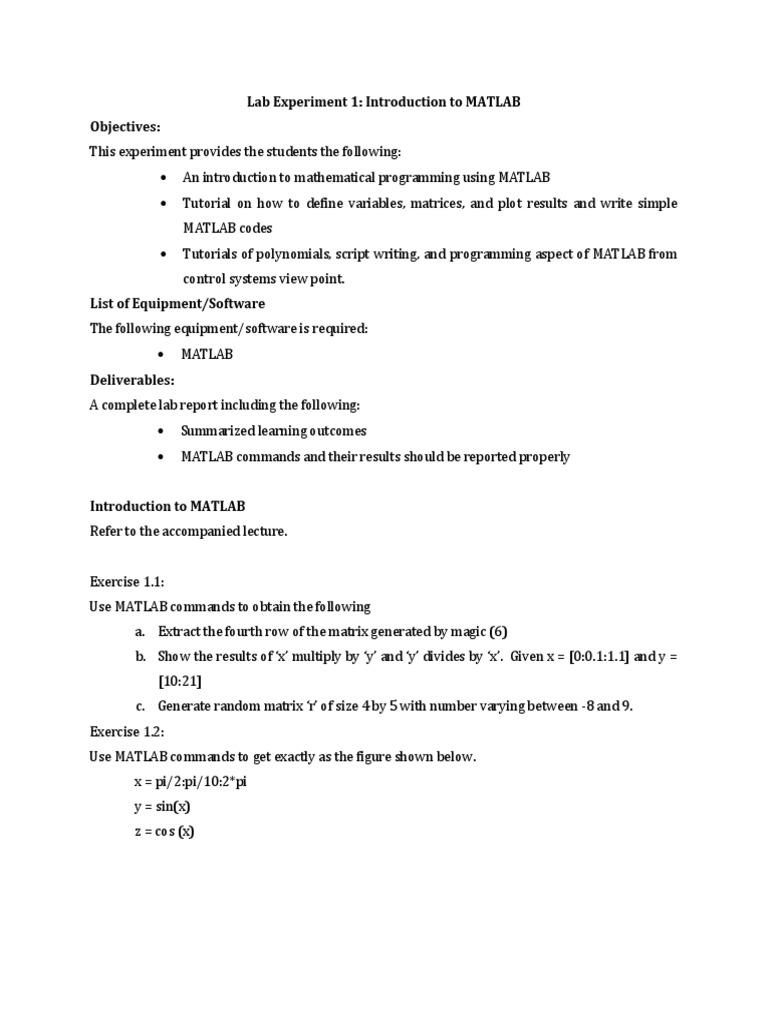 Lab Experiment 1 Introduction To Matlab Objectives Pdf Matlab Pi 