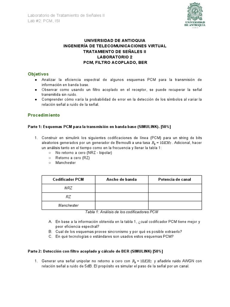 Lab 2 - PCM, Filtro Acoplado, BER | PDF | Tecnología de medios | Ingeniería en telecomunicaciones