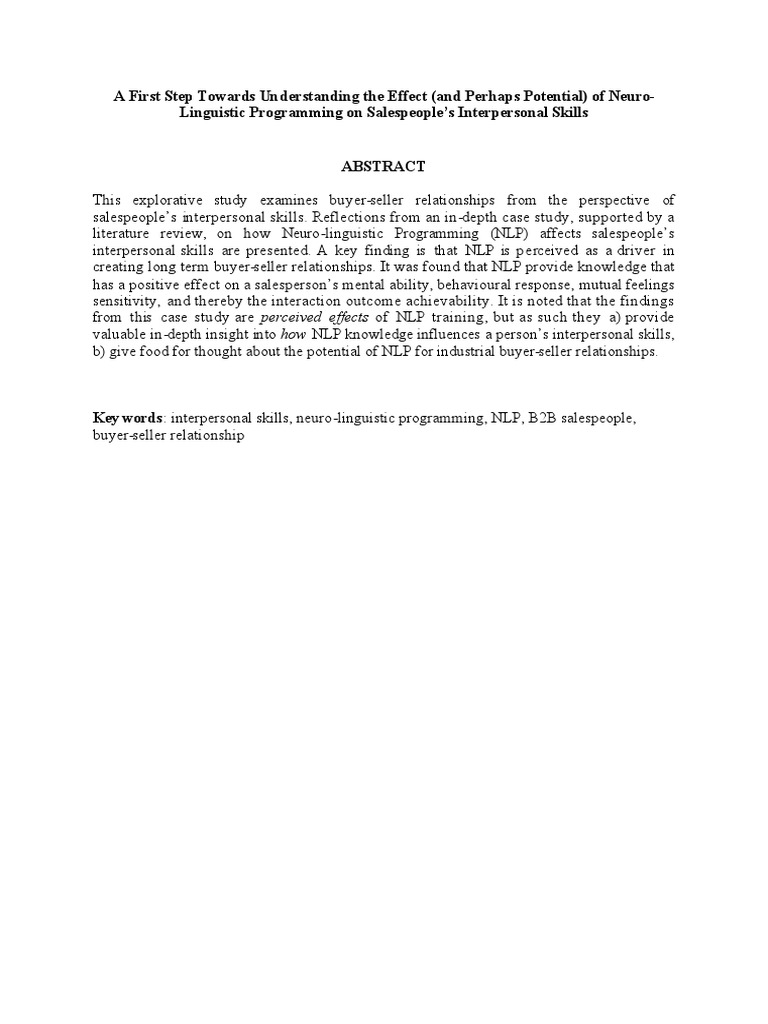 Influence Of Nlp On Sales Pdf Neuro Linguistic Programming Sales