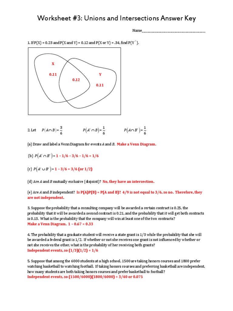 Worksheet #3: Unions and Intersections Answer Key: PAB PA B PAB | PDF | Probability ...