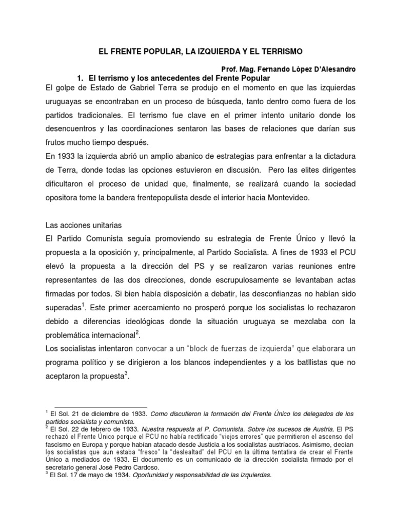 LOPEZ DALESANDRO El Frente Popular La Izquierda y El Terrismo | PDF ...