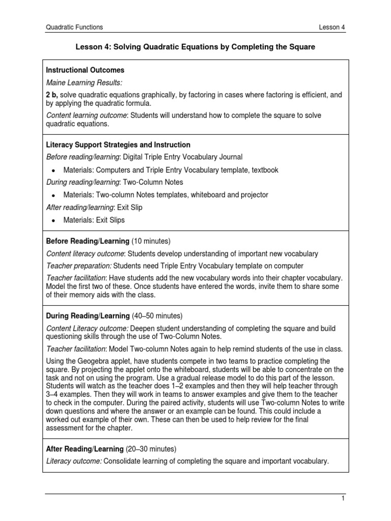 Lesson 4. Lesson Plan Solving Quadratic Equations by Completing The ...