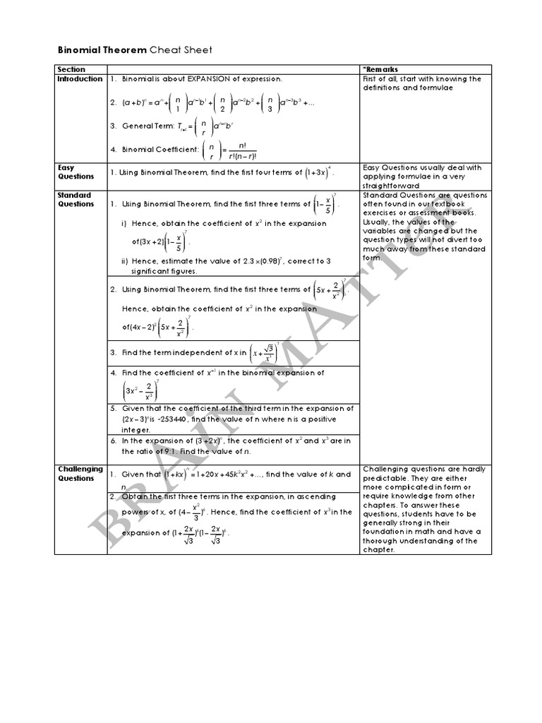 Binomial Theorem Cheat Sheet Guide | PDF | Algebra | Discrete Mathematics