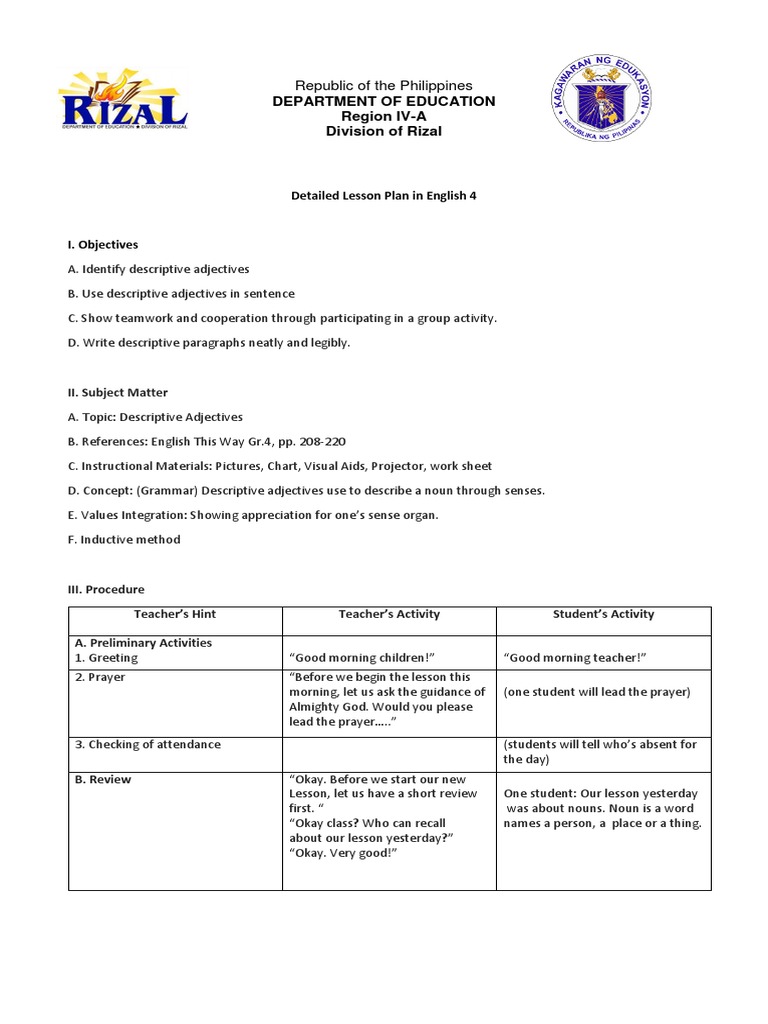 Detailed Lesson Plan ADJECTIVES | PDF | Adjective | Noun