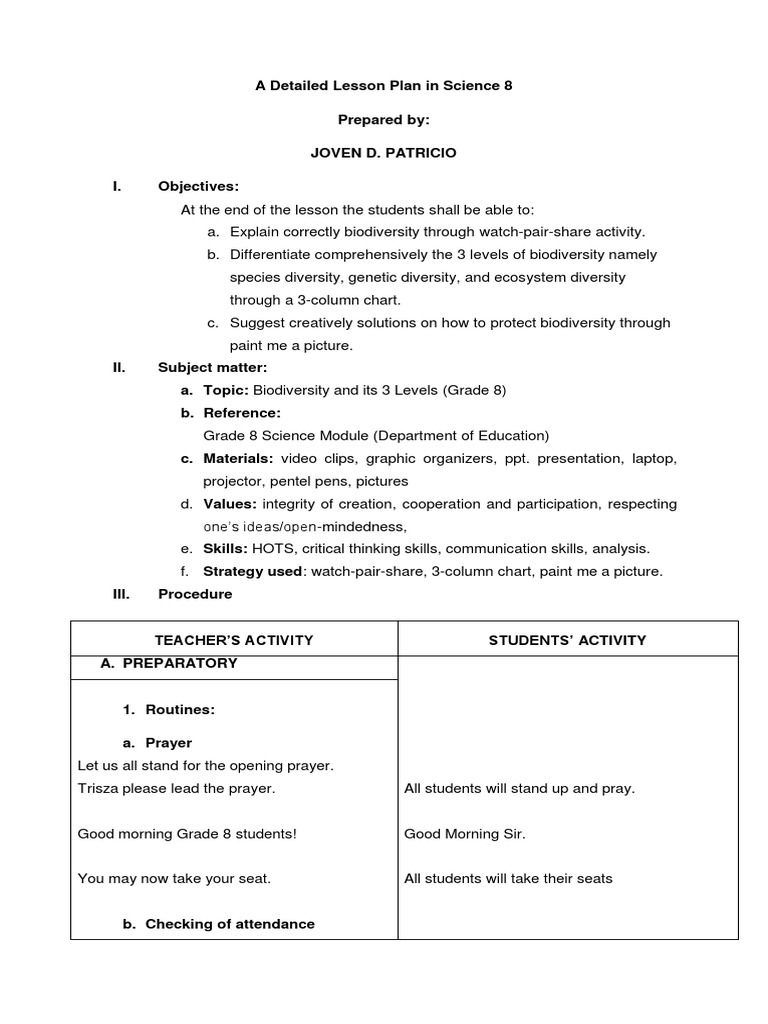 Grade 8 Science: Biodiversity Lesson Plan | PDF | Biodiversity | Species