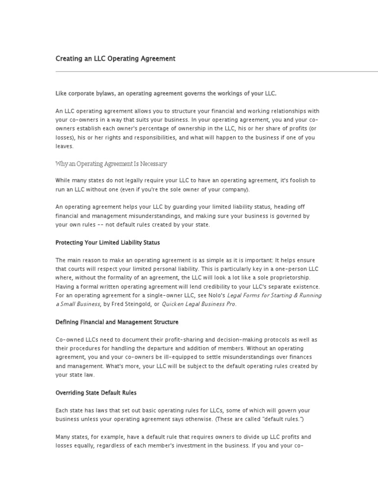 Creating An LLC Operating Agreement | PDF | Limited Liability Company ...