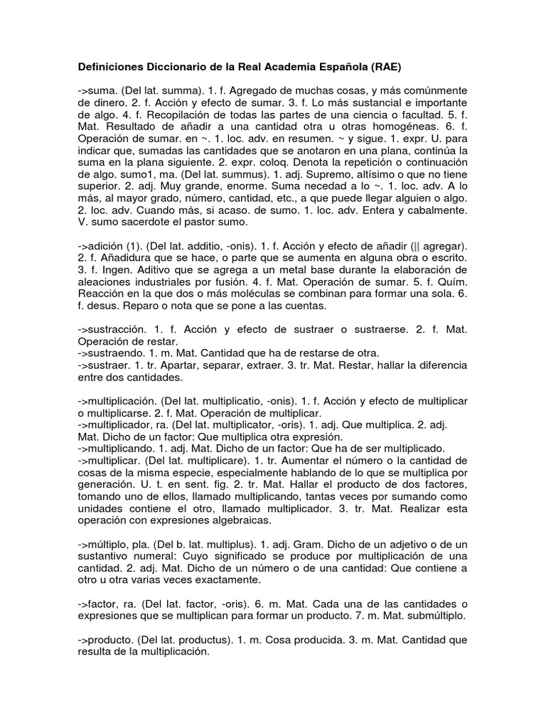 Definiciones RAE | PDF | División (Matemáticas) | Multiplicación