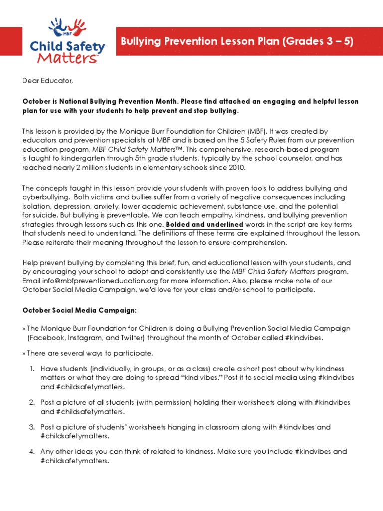 Bullying Prevention Lesson Plan 3 5 Natl Oct2017 | PDF | Cyberbullying ...